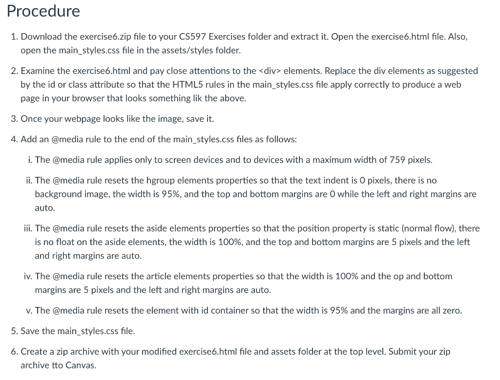 Exercise 6: HTML5 Tags and Responsive Layouts In this | Chegg.com