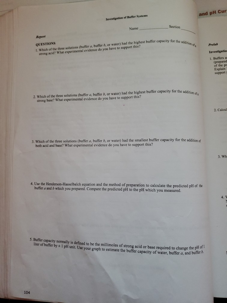 Solved and pH Cur Investigation of Buffer Systems Section | Chegg.com