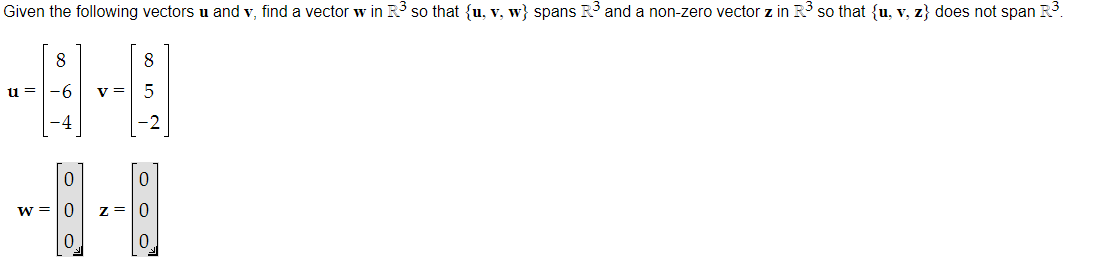 Solved Given the following vectors u and v, find a vector w | Chegg.com