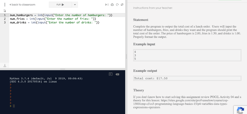 Solved back to classroom run Instructions from your teacher | Chegg.com