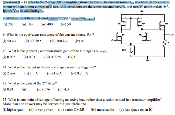 Solved SV Questions 8 - 13 refer to the 2-stage MOS | Chegg.com