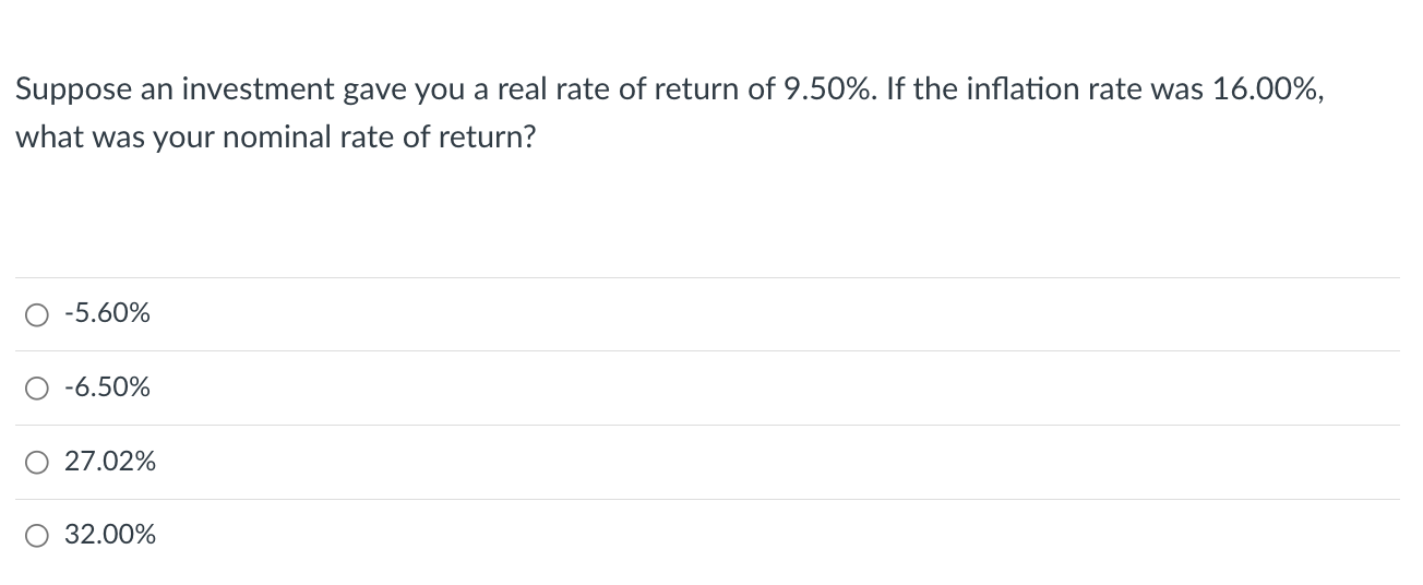 Solved Suppose an investment gave you a real rate of return | Chegg.com