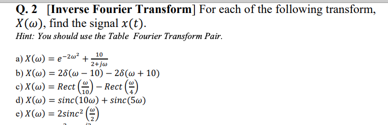 Solved Q. 2 [Inverse Fourier Transform] For each of the | Chegg.com