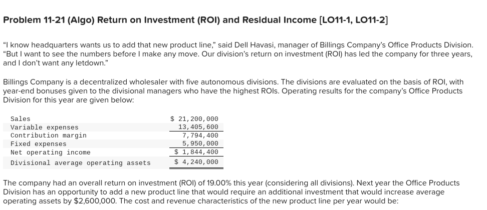 Solved Problem 11-21 (Algo) Return on Investment (ROI) and | Chegg.com