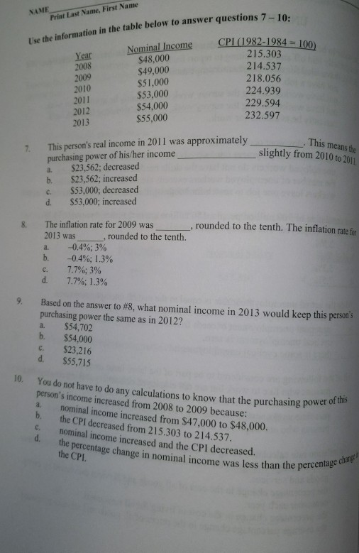 Solved NAME Print Last Name, First Name Use the information | Chegg.com