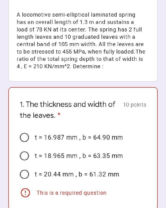 Solved A locomotive semi-elliptical laminated spring has an | Chegg.com
