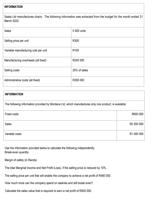 Solved INFORMATION Seata Ltd manufactures chairs. The | Chegg.com