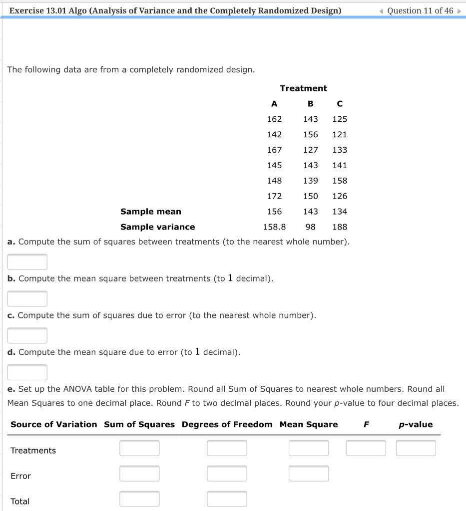 Solved Exercise 13.01 Algo (Analysis of Variance and the | Chegg.com