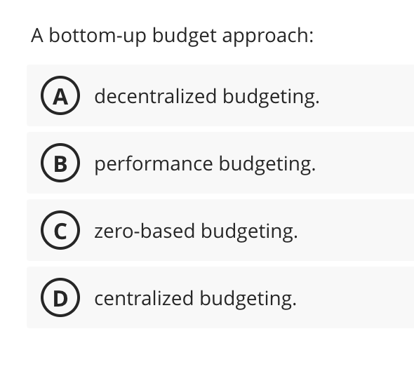 Solved A bottom-up budget approach:(A) ﻿decentralized | Chegg.com