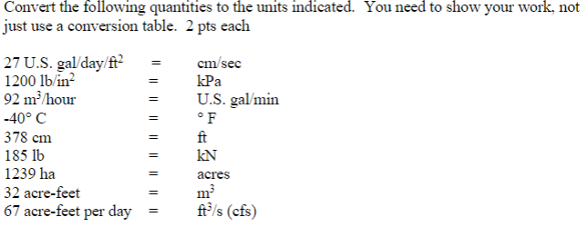 Solved Convert the following quantities to the units | Chegg.com