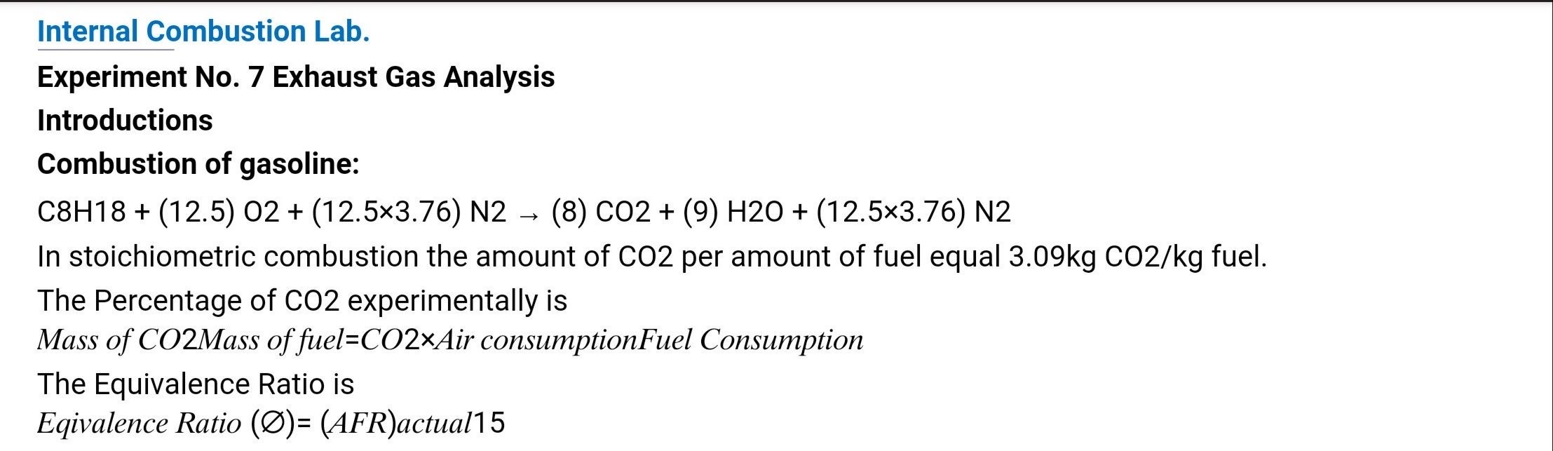 Internal Combustion Lab. Experiment No. 7 Exhaust Gas | Chegg.com
