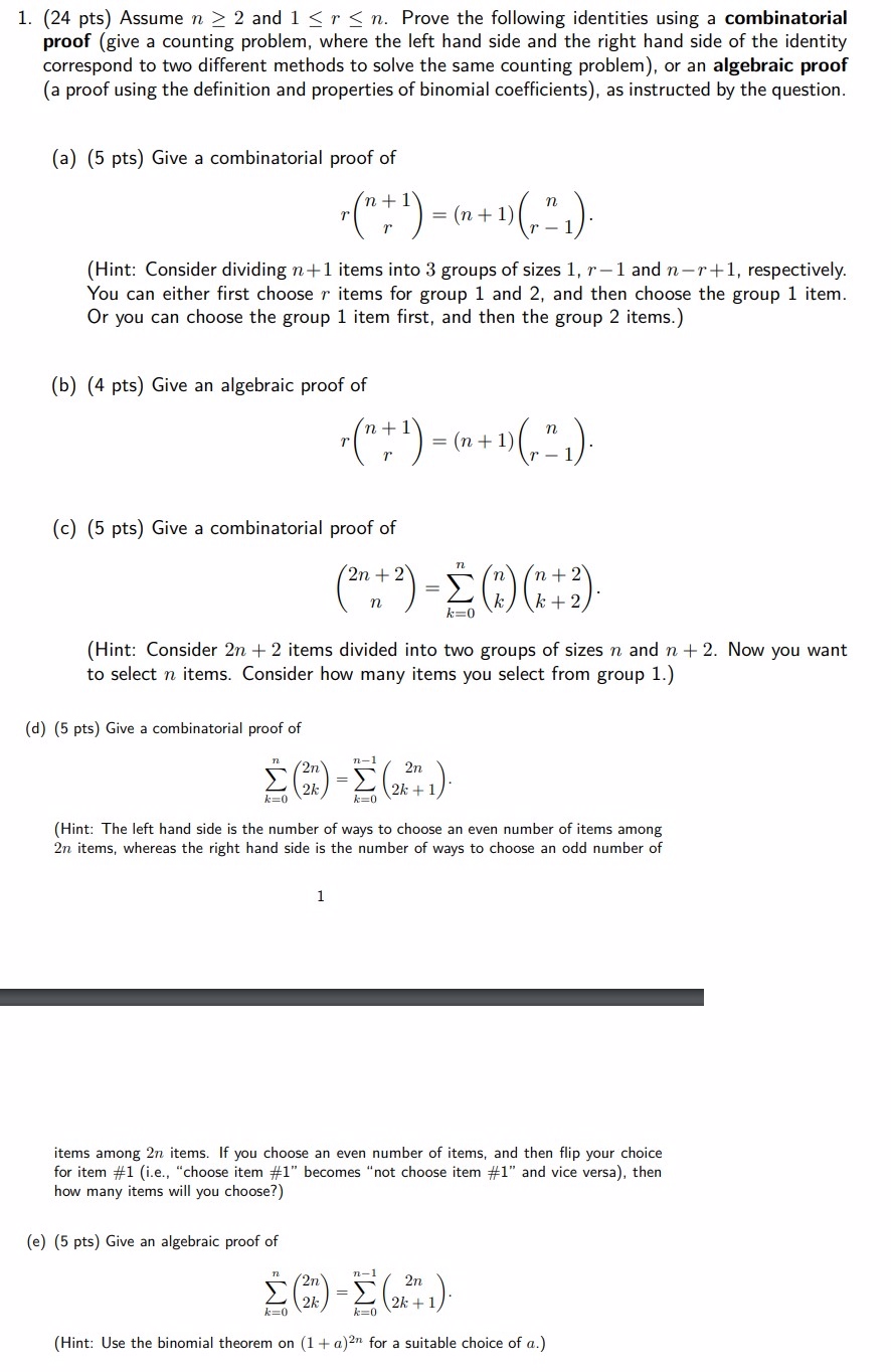Solved (24 pts) ﻿Assume n≥2 ﻿and 1≤r≤n. ﻿Prove the following | Chegg.com