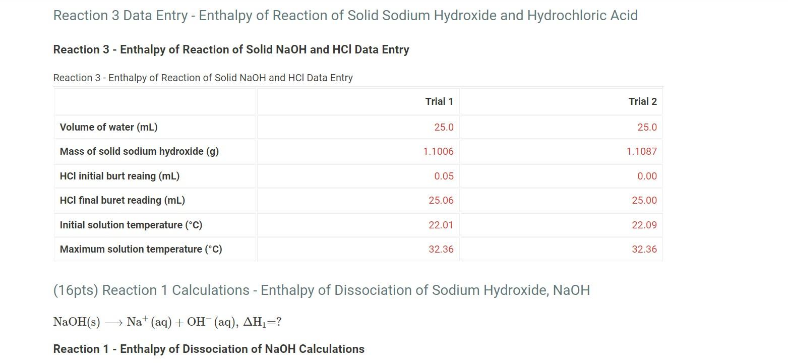 Reaction 3 Data Entry - Enthalpy of Reaction of Solid | Chegg.com
