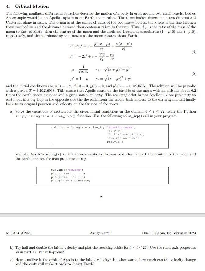 Solved 4. Orbital Motion The following nonlinear | Chegg.com