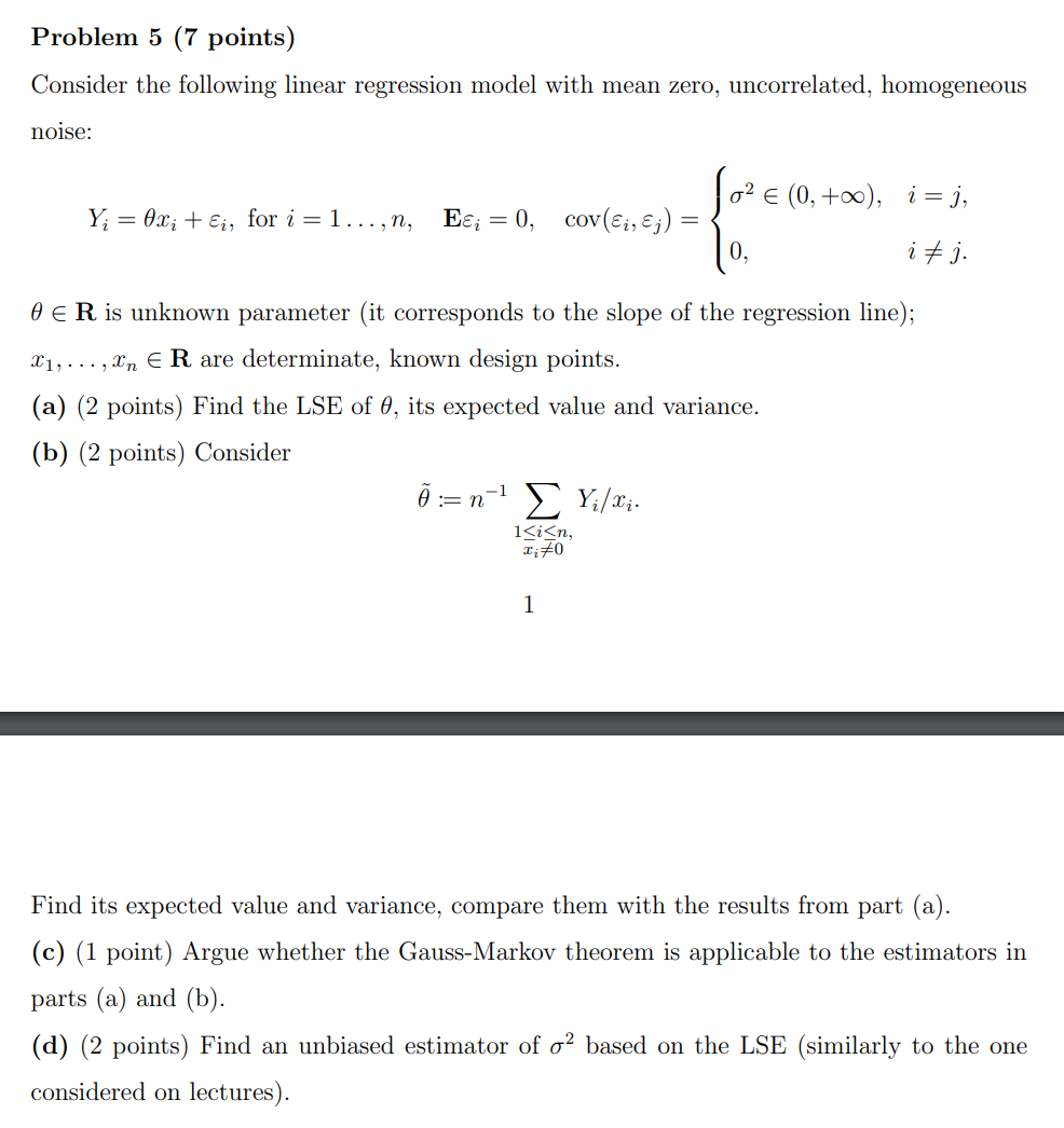 Consider The Following Linear Regression Model With 