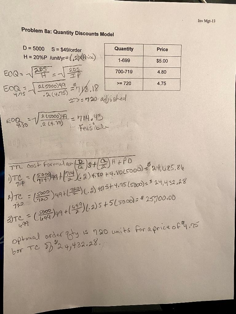 Solved Inv Mgt-13 Problem 8a: Quantity Discounts Model D = | Chegg.com