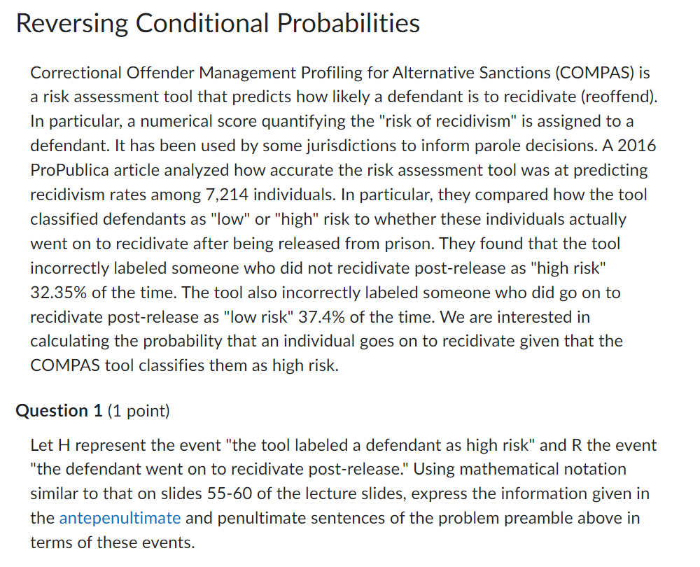 Solved Correctional Offender Management Profiling for | Chegg.com