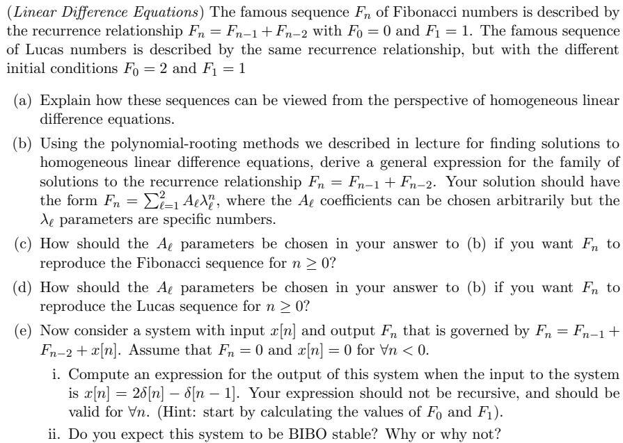 Solved (Linear Difference Equations) The famous sequence Fn | Chegg.com