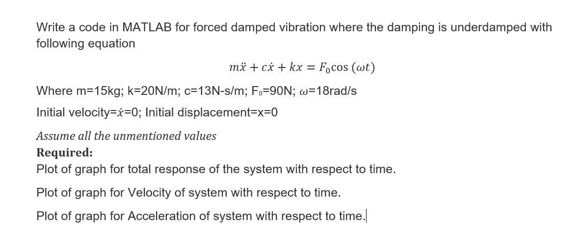 Solved Write a code in MATLAB for forced damped vibration | Chegg.com