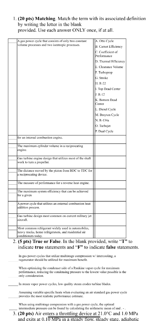 Solved 1. (20 pts) Matching. Match the term with its | Chegg.com