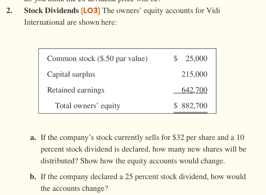 Solved 2. Stock Dividends [LO3] The owners' equity accounts | Chegg.com