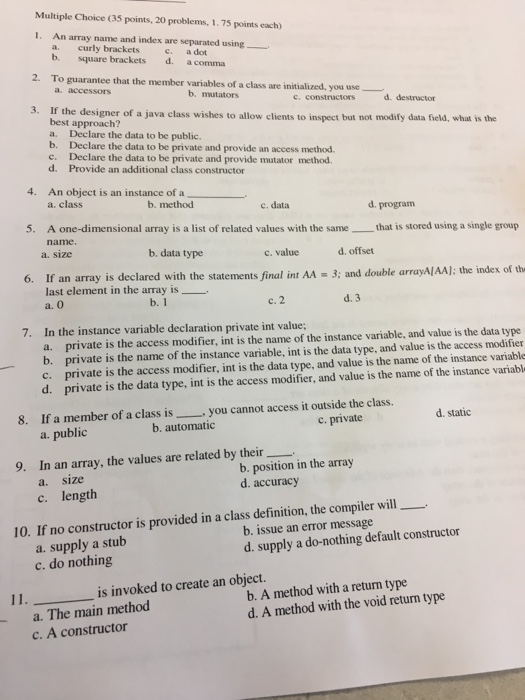 Solved Multiple Choice (35 points.20problems, 1.75 points | Chegg.com