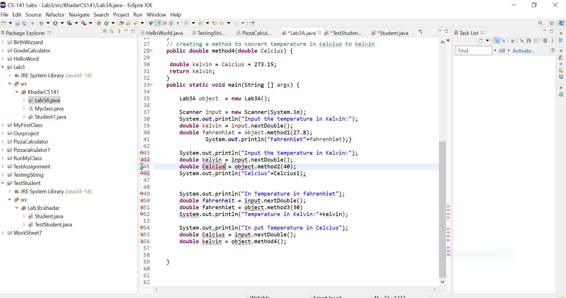 - Х CS-141 Labs - Lab3/src/KhadarCS141/Lab3A.java - | Chegg.com