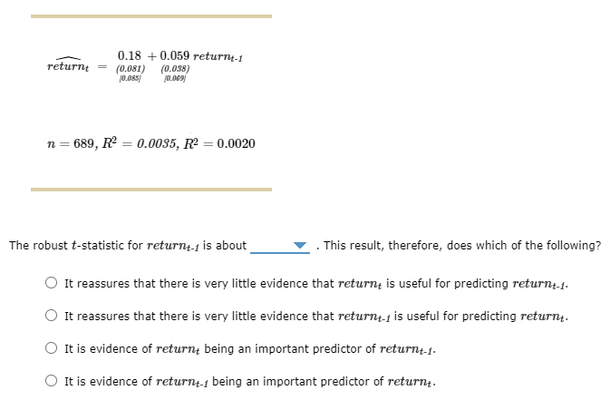 Solved \r\n\r\n\r\n\r\nThe \\( t \\)-statistic on return \\( | Chegg.com