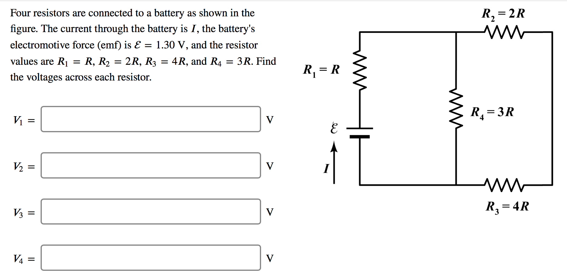 Solved R, = 2R Four resistors are connected to a battery as | Chegg.com