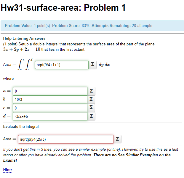 Solved Hw31-surface-area: Problem 1 : Problem Value: 1 | Chegg.com