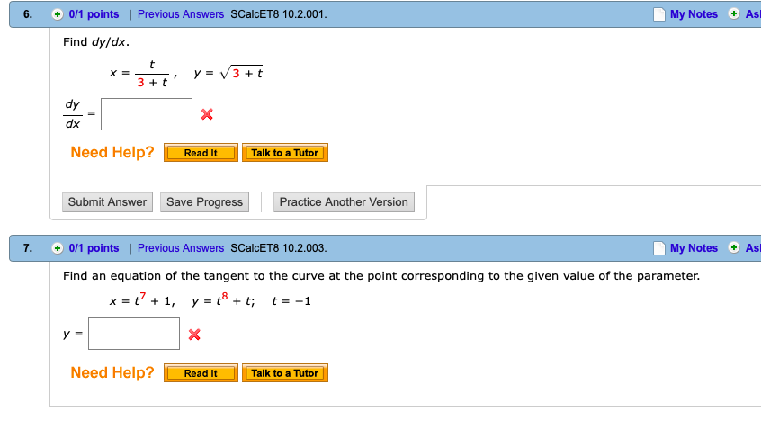 Solved 0/1 points 1 Previous Answers SCalcET8 10.2.001 My | Chegg.com