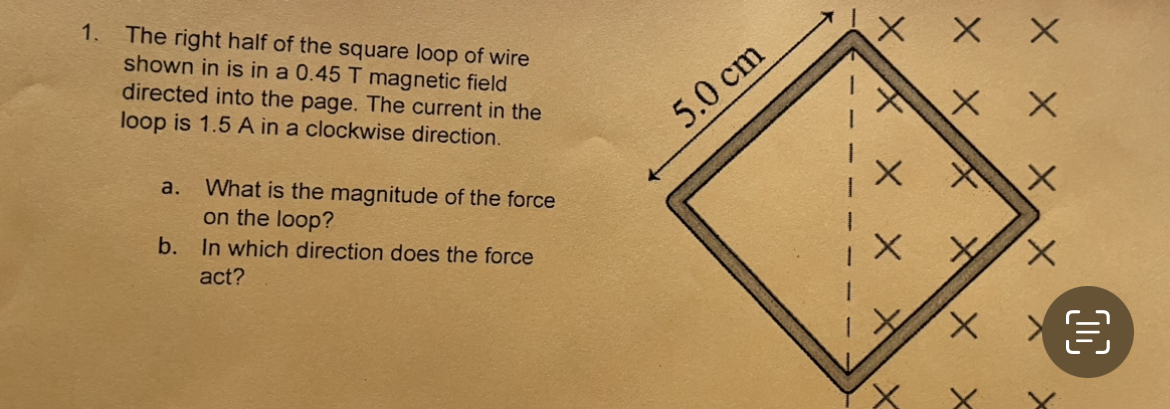 Solved 1. The right half of the square loop of wire shown in | Chegg.com