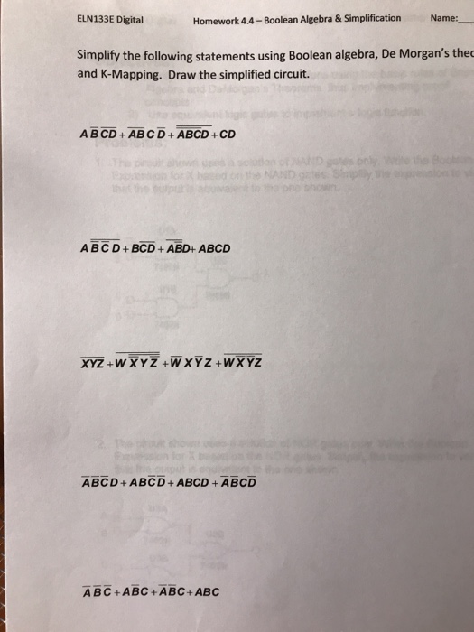 Solved ELN133E Digital Homework 4.2- Logic Simplification | Chegg.com