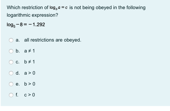 Solved Which restriction of log, a=c is not being obeyed in | Chegg.com