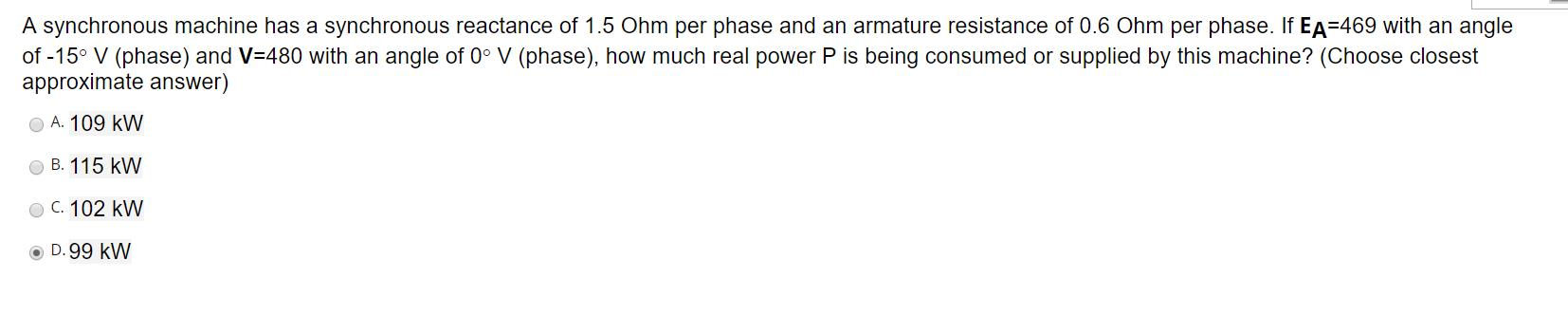 Solved A synchronous machine has a synchronous reactance of | Chegg.com
