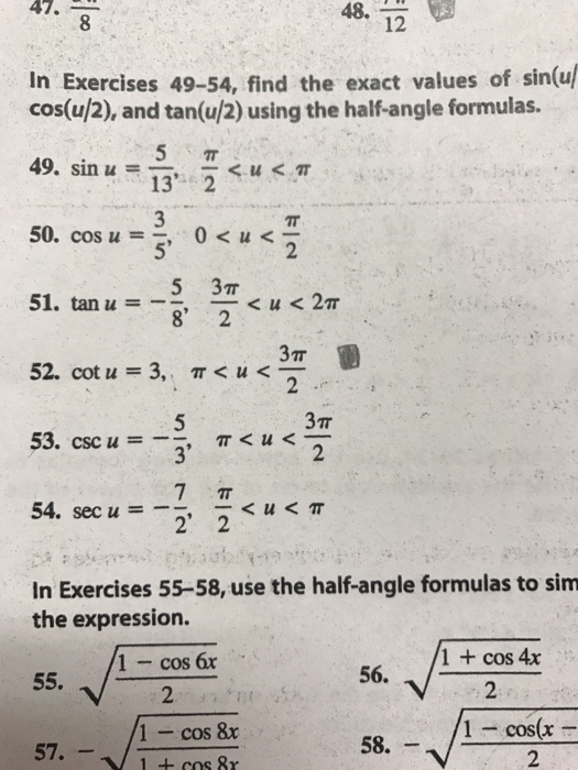 Solved Find the exact values of sin(u/cos(u/2) and tan(u/2) | Chegg.com
