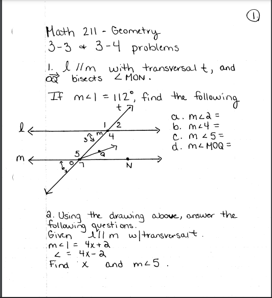 Solved Math 211 - Geometry 3-3 + 3-4 problems I. l//m with | Chegg.com