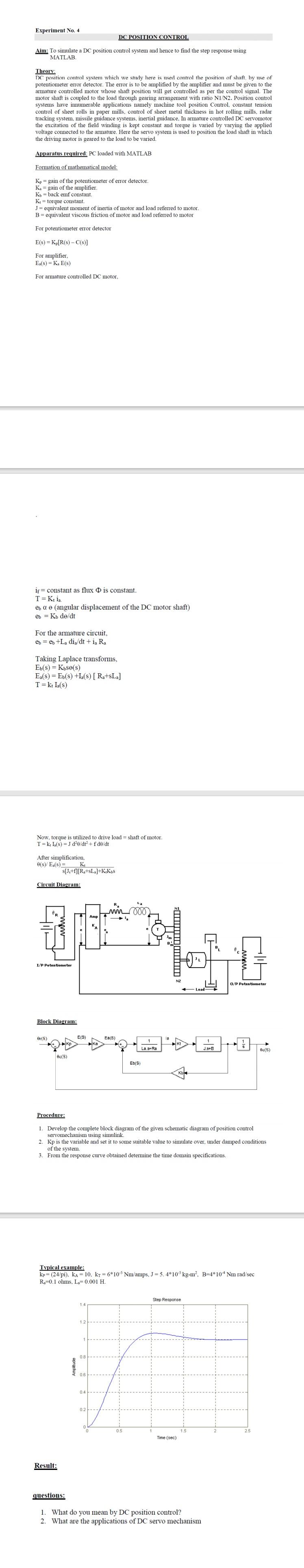 Solved Experiment No. 4 DC POSITION CONTROL Aim: To simulate | Chegg.com