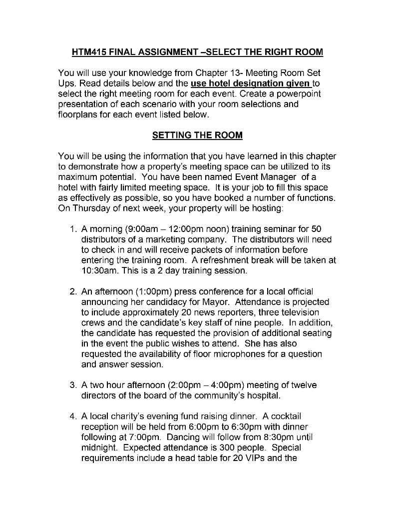 Solved HTM415 FINAL ASSIGNMENT -SELECT THE RIGHT ROOM You | Chegg.com