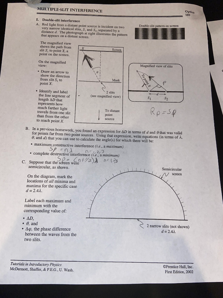 MULTIPLE-SLIT INTERFERENCE Optics 189 Double-slit | Chegg.com