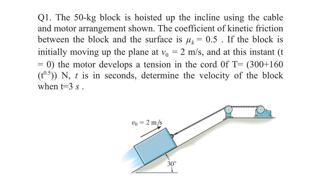 Solved Q1. The 50-kg block is hoisted up the incline using | Chegg.com