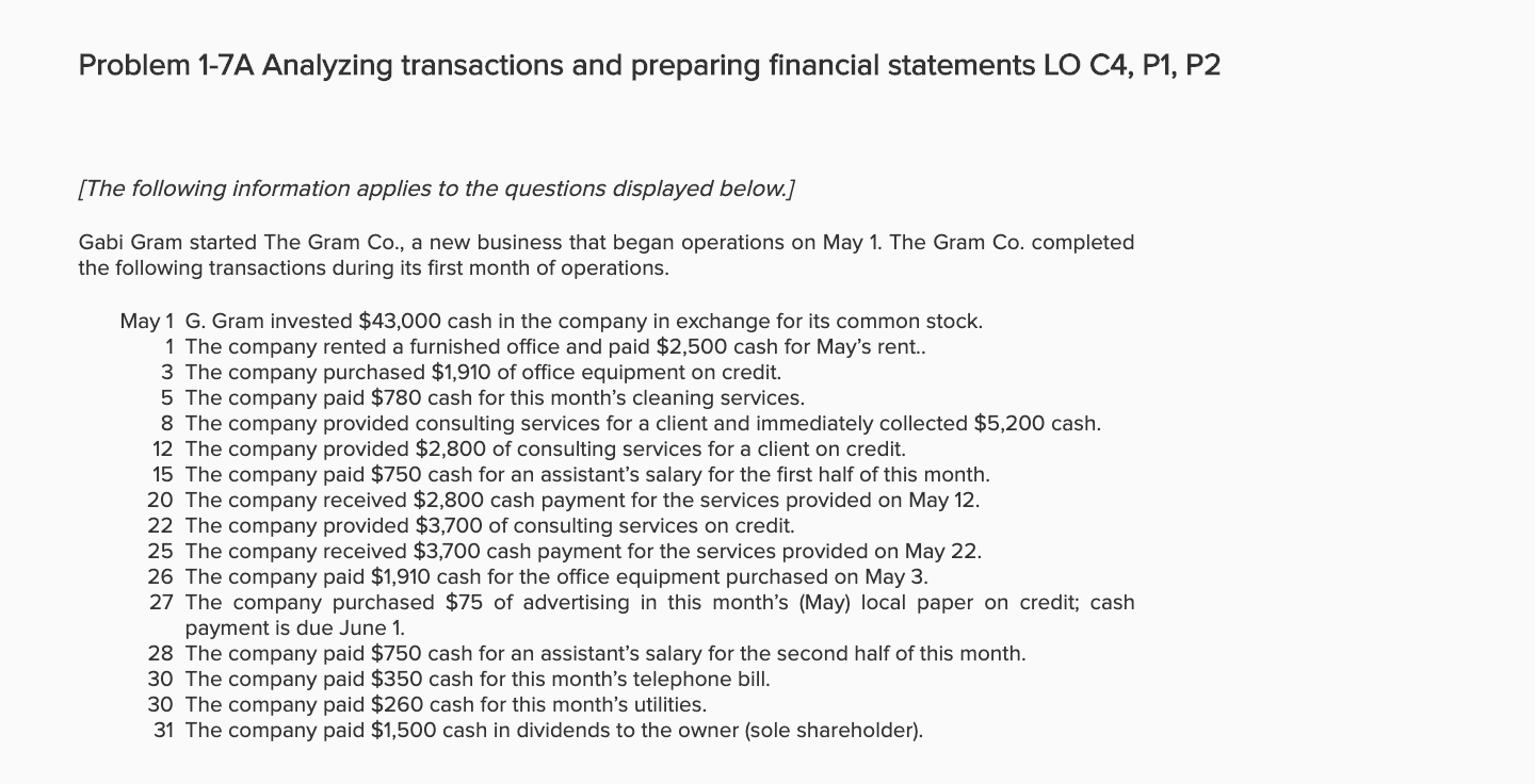 Solved Problem 1-7A Analyzing transactions and preparing | Chegg.com
