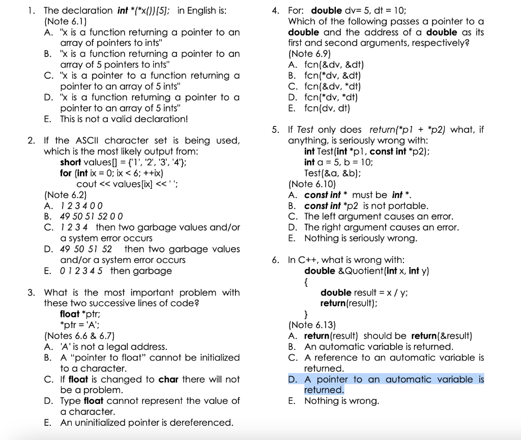 Solved 1. The declaration int */*x()) (5); in English is: | Chegg.com