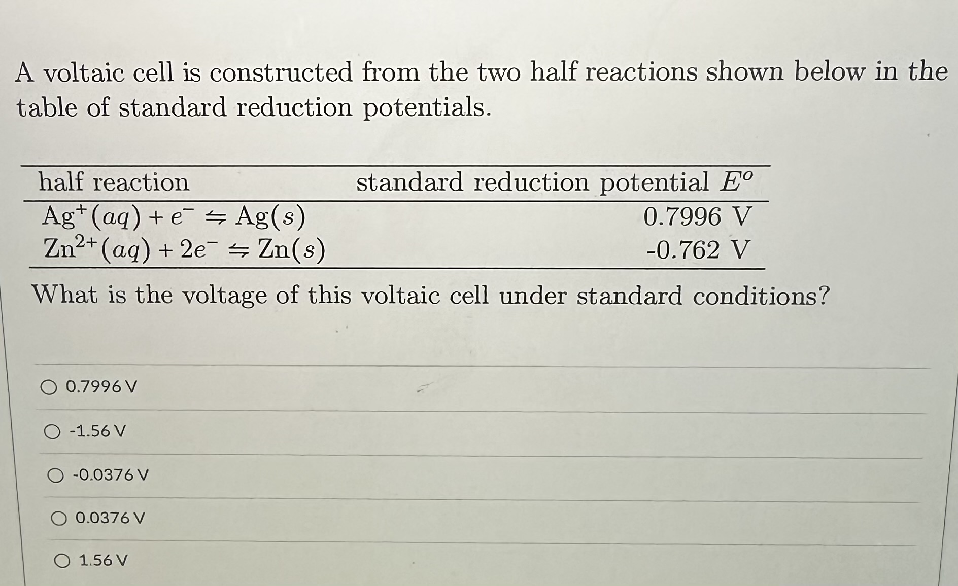 Solved A voltaic cell is constructed from the two half | Chegg.com