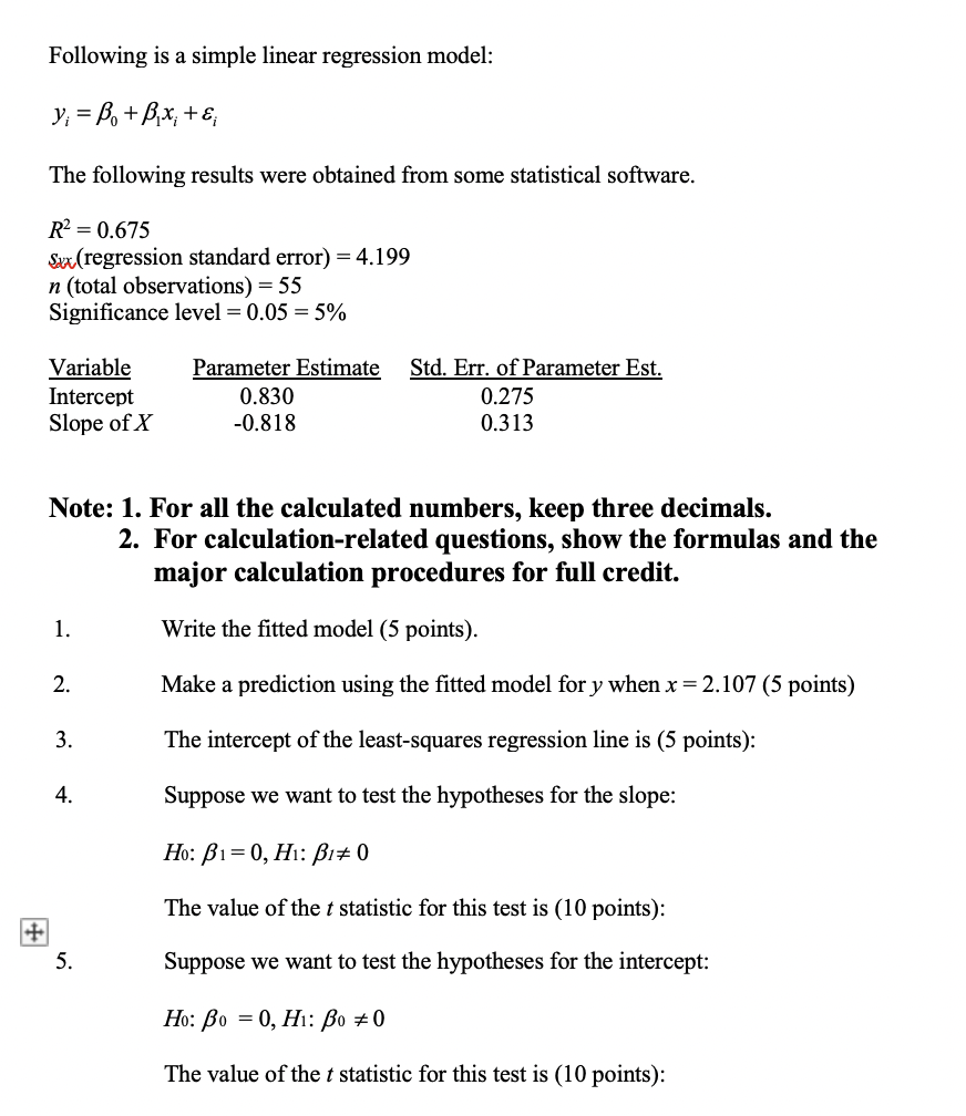 Solved Following is a simple linear regression model: | Chegg.com