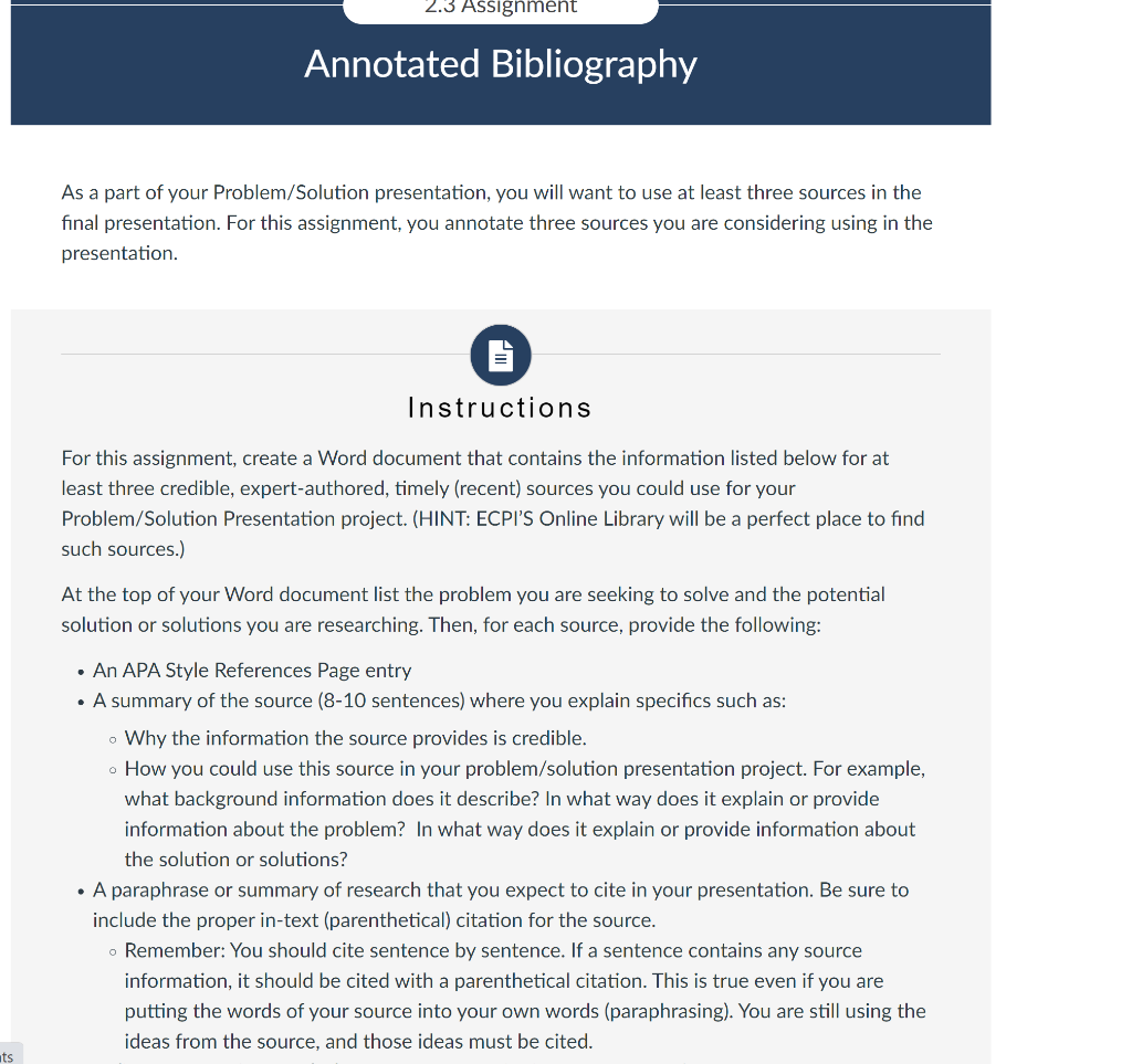 2.3 Assignment Annotated Bibliography As a part of | Chegg.com