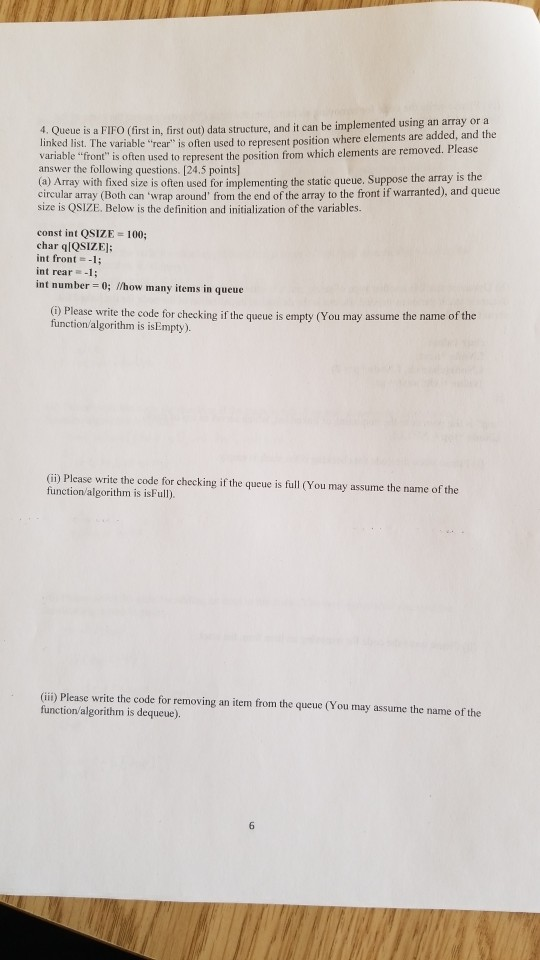 Solved 4. Queue is a FIFO (first in, first out) data | Chegg.com