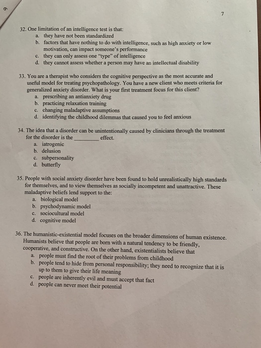 Solved 32. One limitation of an intelligence test is that: | Chegg.com