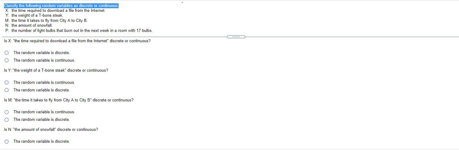 Solved Classify the following random variables as discrete | Chegg.com