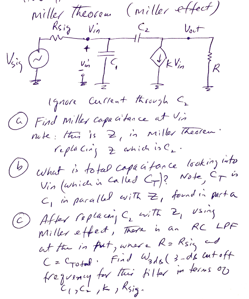 Solved miller theorem Rsig vin (miller effect) C2 Vout th | Chegg.com